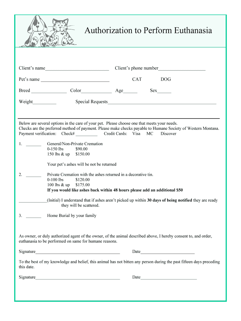 Fillable Online Authorization to Perform Euthanasia ...