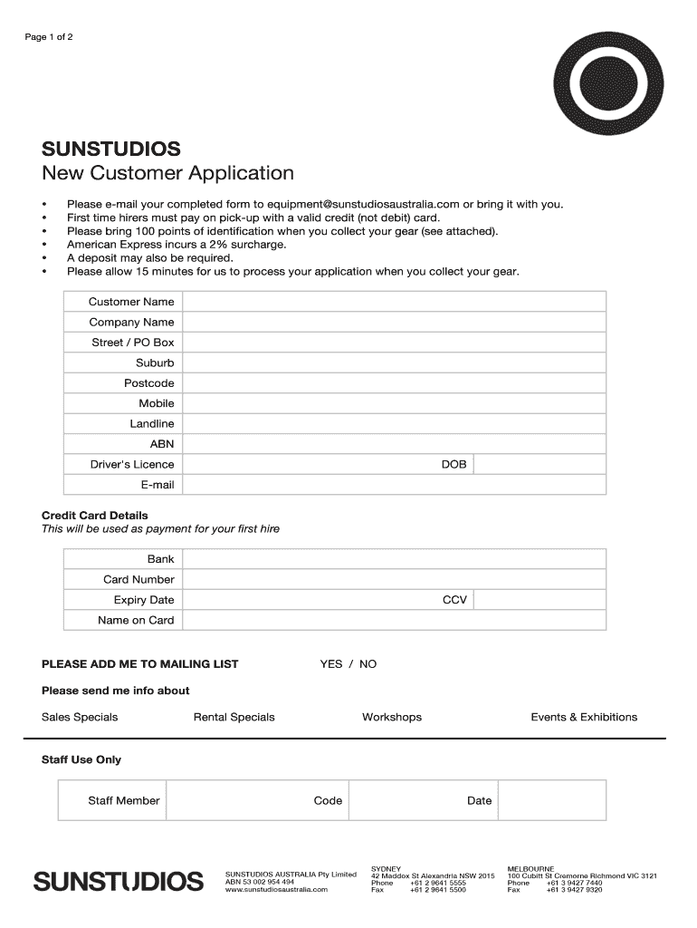 Fillable Online SUNSTUDIOS New Customer Application Fax Email Print ...