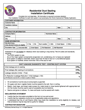 Fillable Online Residential Duct Sealing Installation Certificate ...
