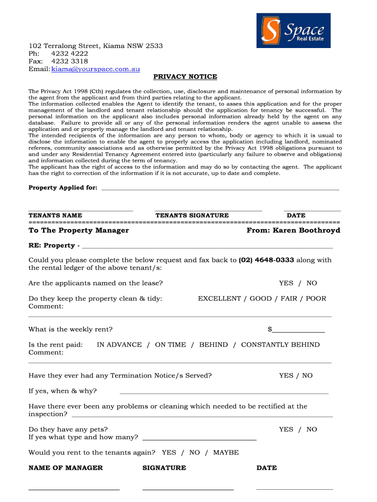 Fillable Online PRIVACY NOTICE - byourspacebbcombau Fax Email Print ...