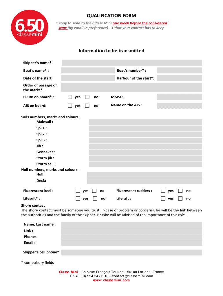 Fillable Online QUALIFICATION FORM The single handed ... - Classe Mini ...
