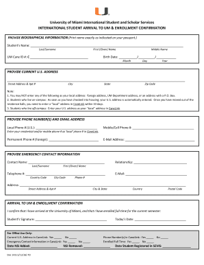 Fillable Online umshare miami 143InternationalStudentArrivaltoUMEnrollmentConfirmation Fax Email ...