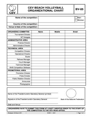 Fillable Online cev CEV BEACH VOLLEYBALL BV-05 ORGANIZATIONAL CHART Fax ...
