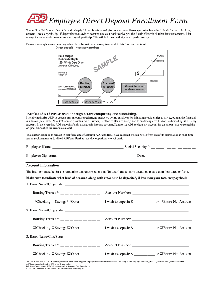 Fillable Online Employee Direct Deposit Enrollment Form - bSumnerb ...