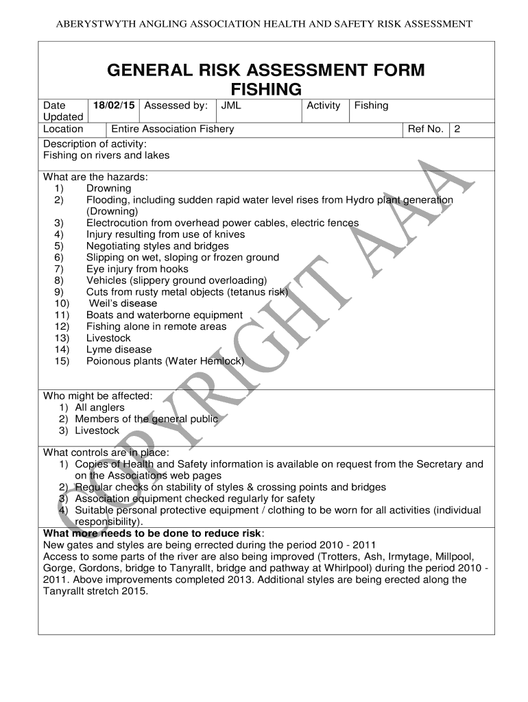 Fillable Online aber-angling co GENERAL RISK ASSESSMENT FORM ...