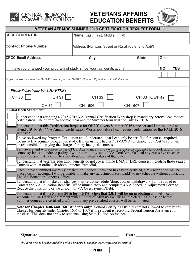 Fillable Online cpcc VA Certification Request bFormb Fax Email Print - pdfFiller