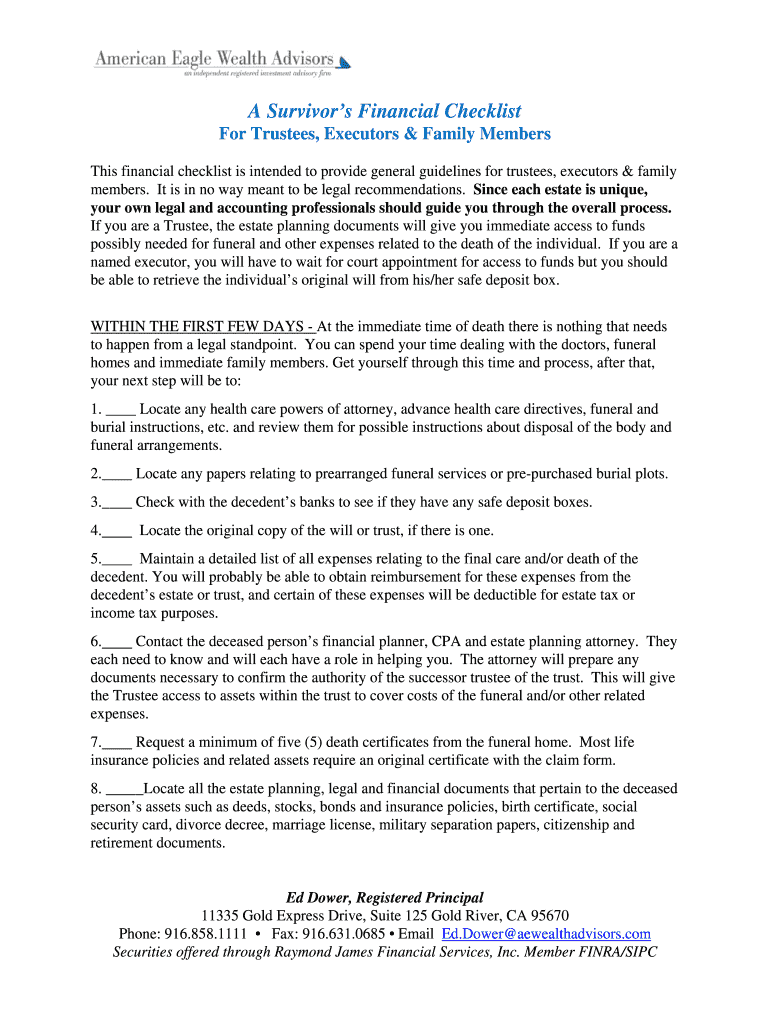 Fillable Online A Survivors Financial Checklist For Trustees Executors ...