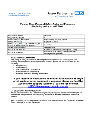 Fillable Online policies sussexpartnership nhs Working alone (personal ...