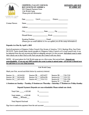 Fillable Online 2015 Cub World Deposit Form - bsa-cvcorg Fax Email ...