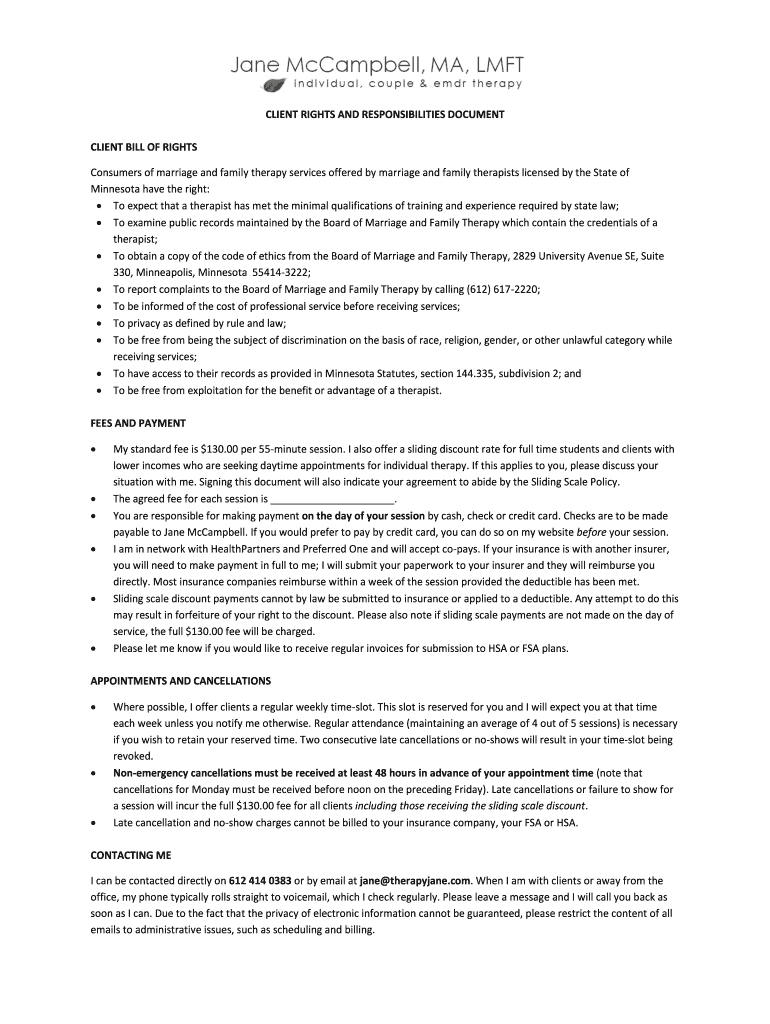 Fillable Online CLIENT RIGHTS AND RESPONSIBILITIES DOCUMENT CLIENT BILL ...