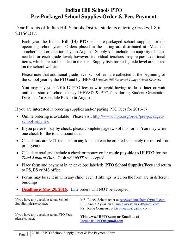 Fillable Online ihpto 2016-17 IH PTO Supply bOrder Feeb Payment Form ...