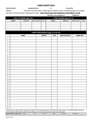 Fillable Online 4hcamp ca uky CABIN SHEETS 2016 Cabin Number: Camping ...