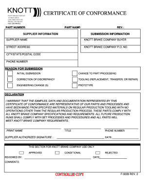 Fillable Online CERTIFICATE OF CONFORMANCE - Knott Brake Company Fax ...