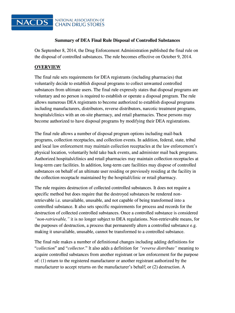 Fillable Online Summary of DEA Final Rule Disposal of Controlled ...