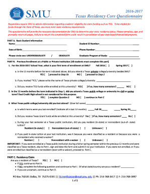 Fillable Online smu 20162017 Texas Residency Core Questionnaire ...