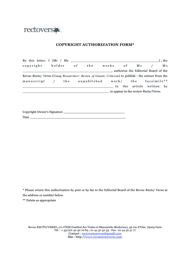 Fillable Online COPYRIGHT AUTHORIZATION FORM Fax Email Print - pdfFiller