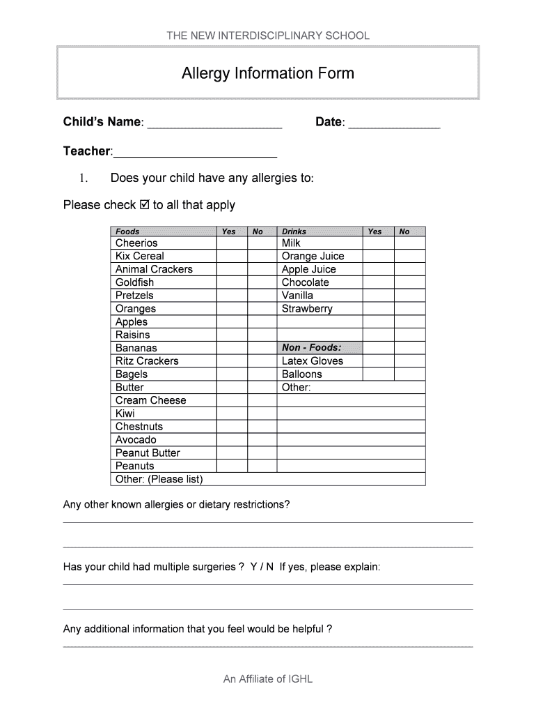 Fillable Online niskids Allergy Information Form - niskids Fax Email ...