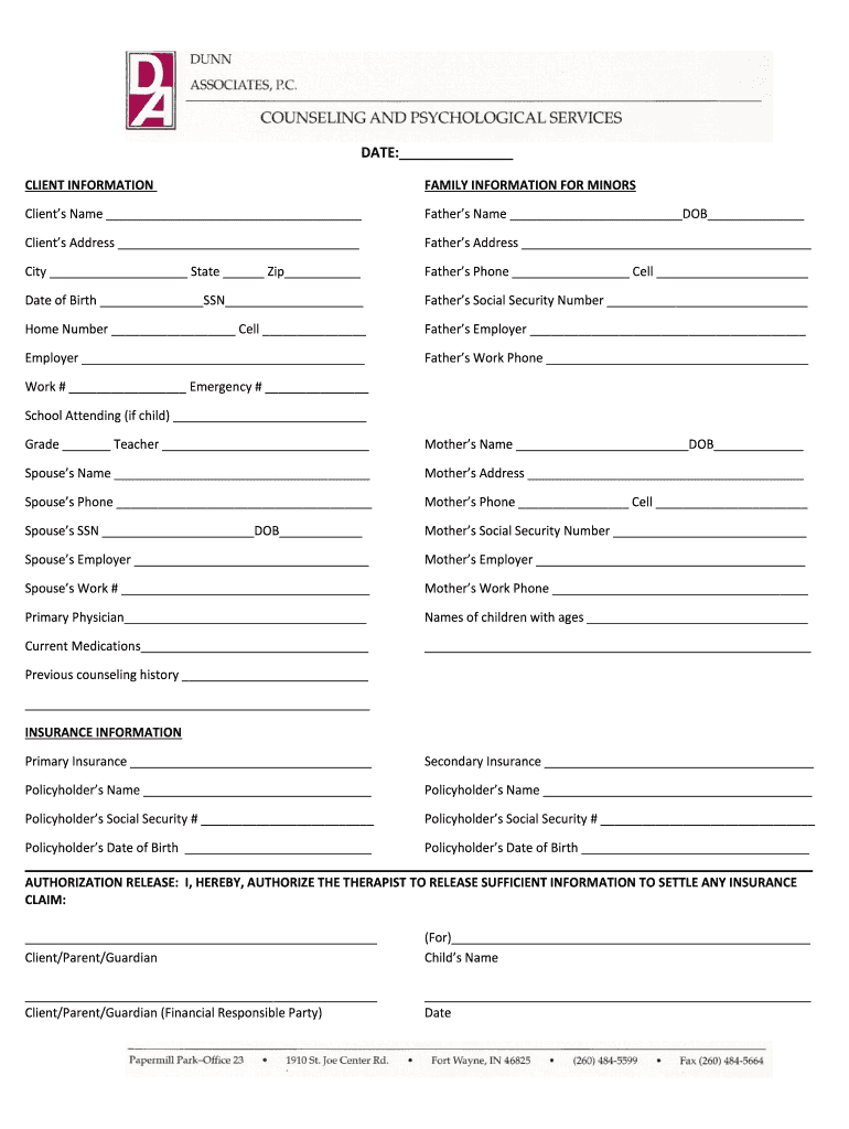 Fillable Online CLIENT INFORMATION FAMILY INFORMATION FOR MINORS Fax ...