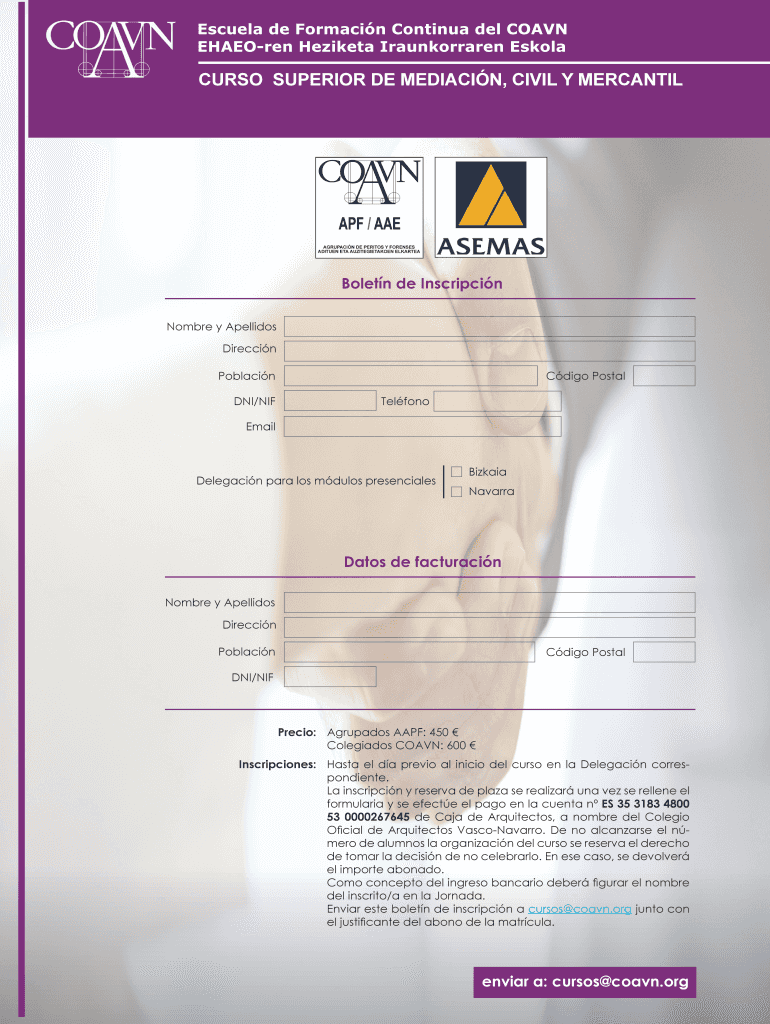 Completable En línea coavn Escuela de Formacin Continua del COAVN EHAEO-ren Heziketa Fax Email ...