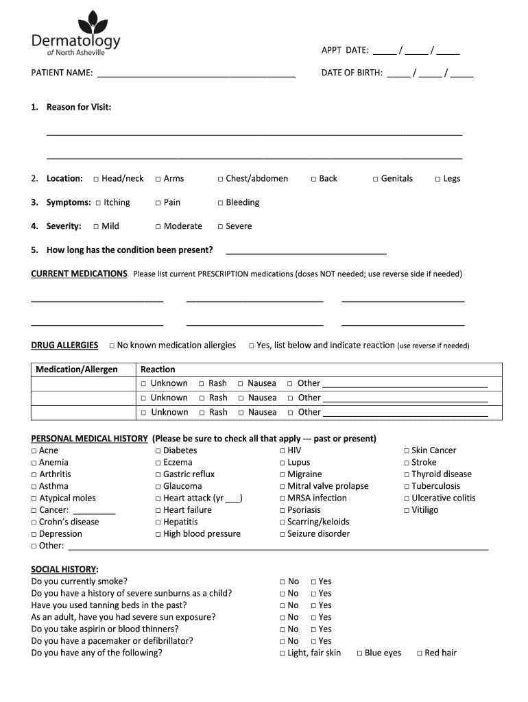 Fillable Online APPT DATE: / / PATIENT NAME: DATE OF BIRTH: / / 1 Fax Email Print - pdfFiller