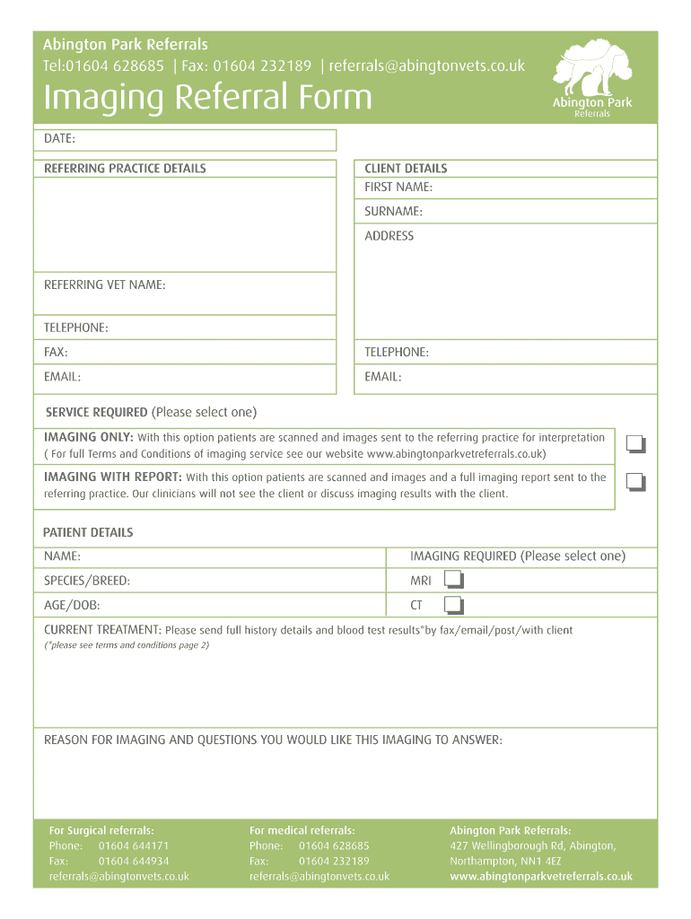 Fillable Online abingtonparkvetreferrals co Imaging Referral Form ...