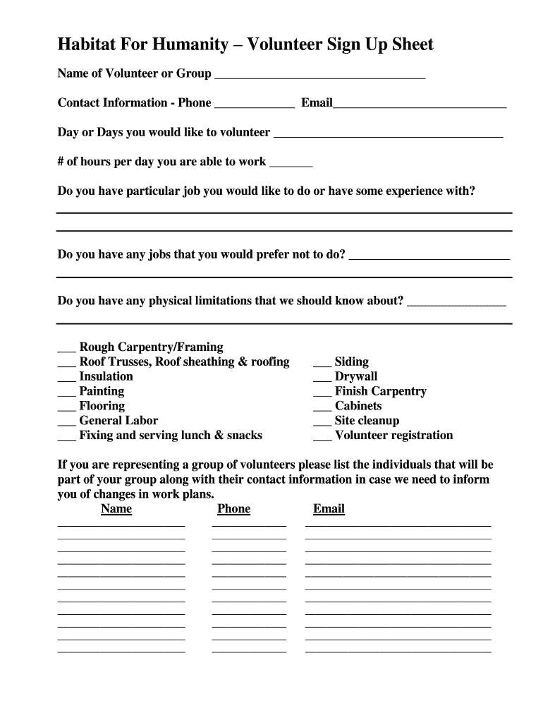 Fillable Online hfhgunnisonvalley Habitat For Humanity Volunteer Sign ...