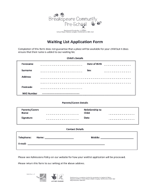Fillable Online breakspearecommunitypreschool co Waiting List ...