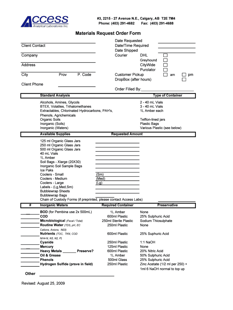 Fillable Online accesslabs Materials Request Order Form - Access Analytical Labs - accesslabs ...