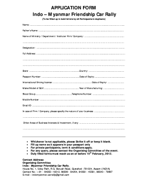 Fillable Online APPLICATION FORM Indo Myanmar Friendship Car Rally Fax ...