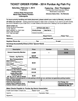 Fillable Online ag purdue TICKET ORDER FORM 2014 Purdue Ag Fish Fry Fax ...