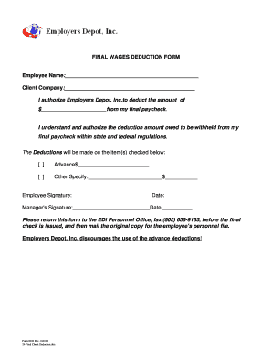 Fillable Online FINAL WAGES DEDUCTION FORM - Employers Depot Inc Fax ...