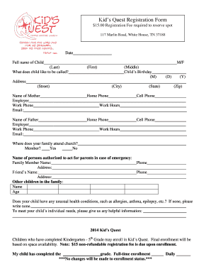 Fillable Online Kids Quest Registration Form $15 Fax Email Print ...