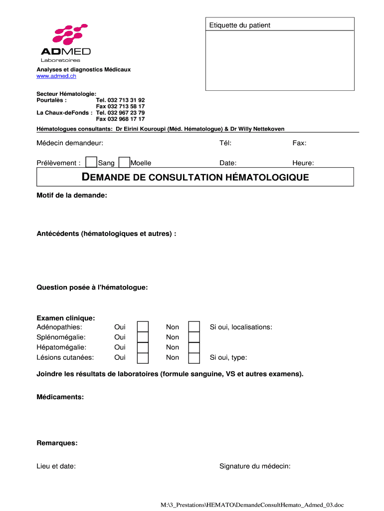 Fillable Online admed ne Demande de consultation h matologique - ADMED Fax Email Print - pdfFiller