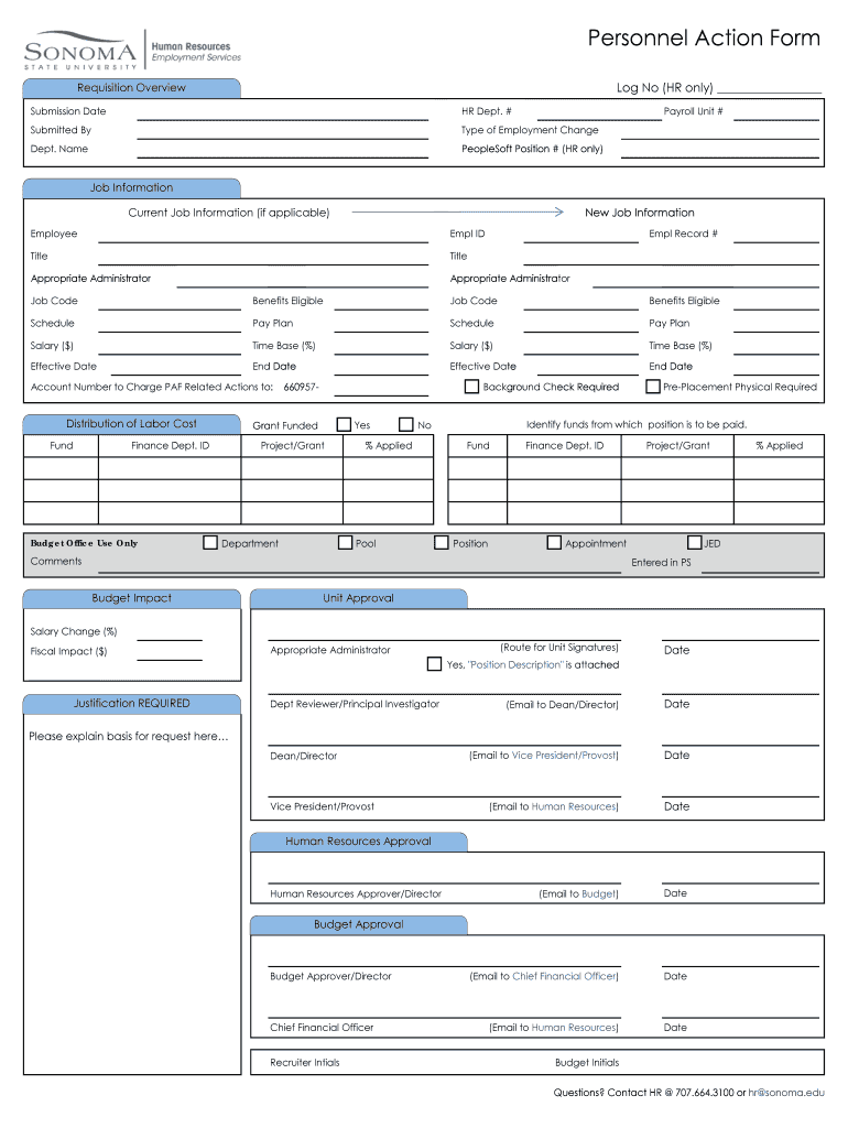 Fillable Online sonoma Personnel Action Form Log No (HR only ...