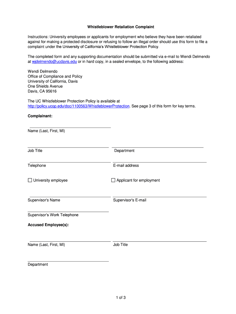 Fillable Online ethics ucdavis Whistleblower Retaliation Complaint Form ...