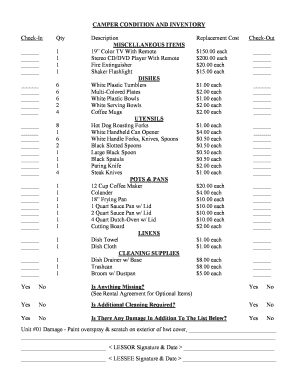 Fillable Online CAMPER CONDITION AND INVENTORY Check-In Qty Description ...