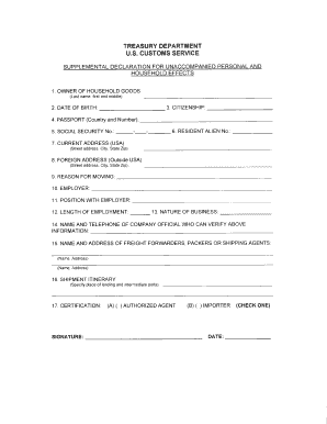 Fillable Online Treasury department us customs service supplemental ...