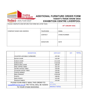 Fillable Online todays co ADDITIONAL FURNITURE ORDER FORM TODAYS TRADE ...