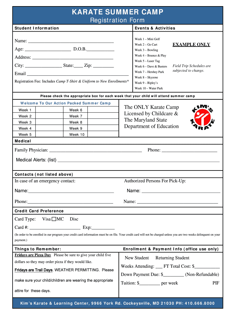Fillable Online Summer Camp bProgram Applicationb - Kim39s Karate amp Childcare Center Fax Email ...