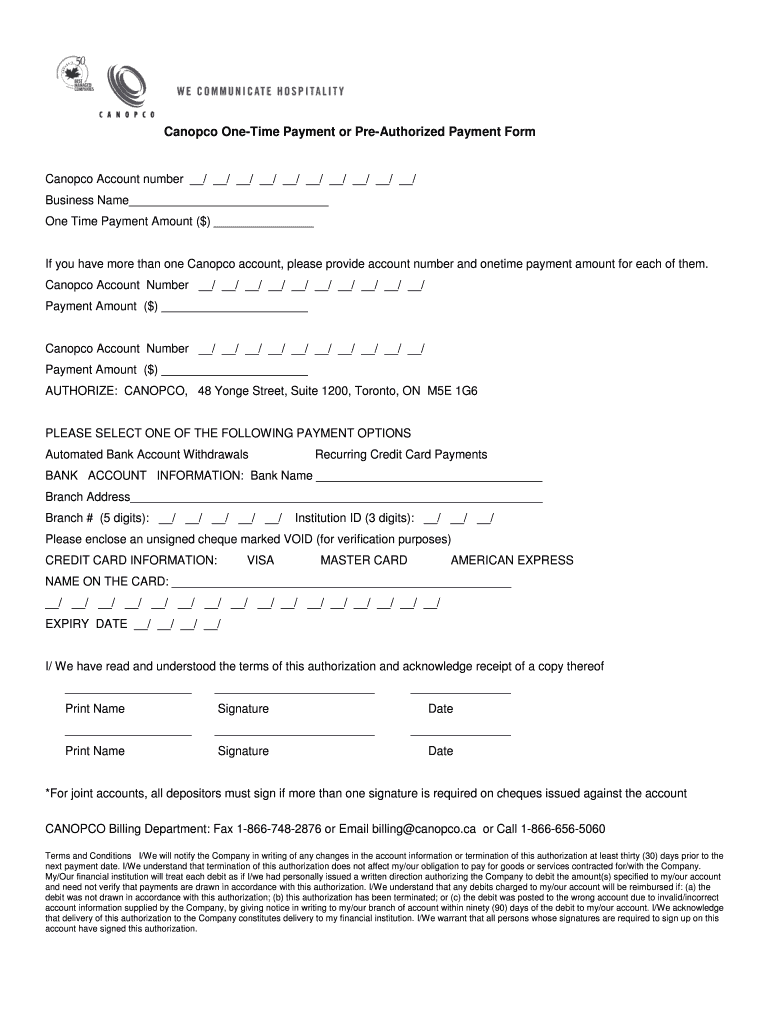 Fillable Online BCanopcob One-Time Payment or Pre-Authorized Payment Form Fax Email Print ...