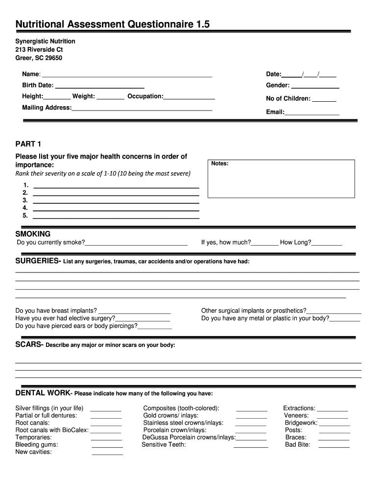 Fillable Online Nutritional Assessment Questionnaire - Sgn80 ...