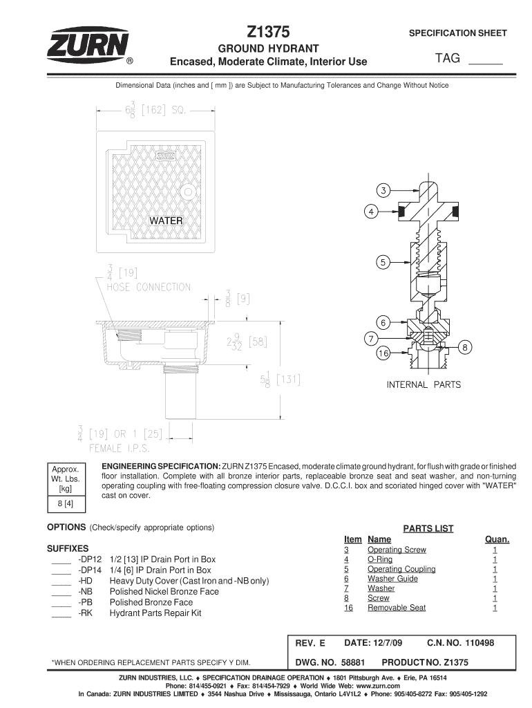 Fillable Online Z1375 SPECIFICATION SHEET GROUND HYDRANT Encased ...