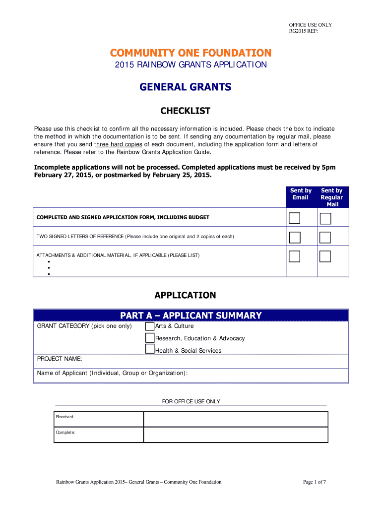 Fillable Online communityone OFFICE USE ONLY RG2015 REF: COMMUNITY ONE ...