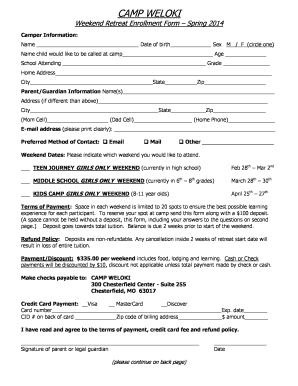 Fillable Online CAMP WELOKI Weekend Retreat Enrollment Form Fax Email ...