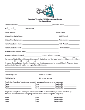 Fillable Online Googols of Learning Child Development Center Enrollment ...