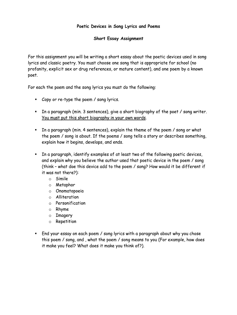 Fillable Online tcdsbstaff ednet ns Poetic Devices in Song Lyrics and ...