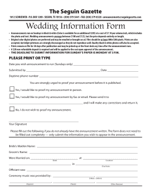 Fillable Online Wedding Information Form - Seguin Gazette Fax Email ...