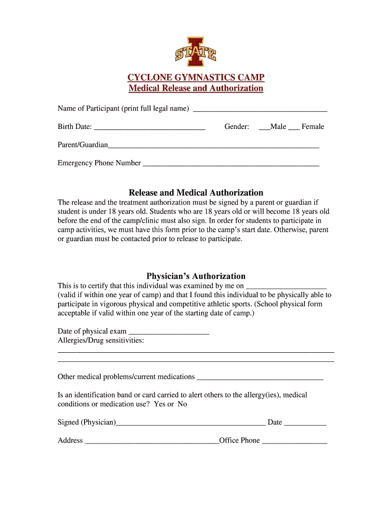 Fillable Online Release and Medical Authorization - Cyclone Gymnastics Camps Fax Email Print ...
