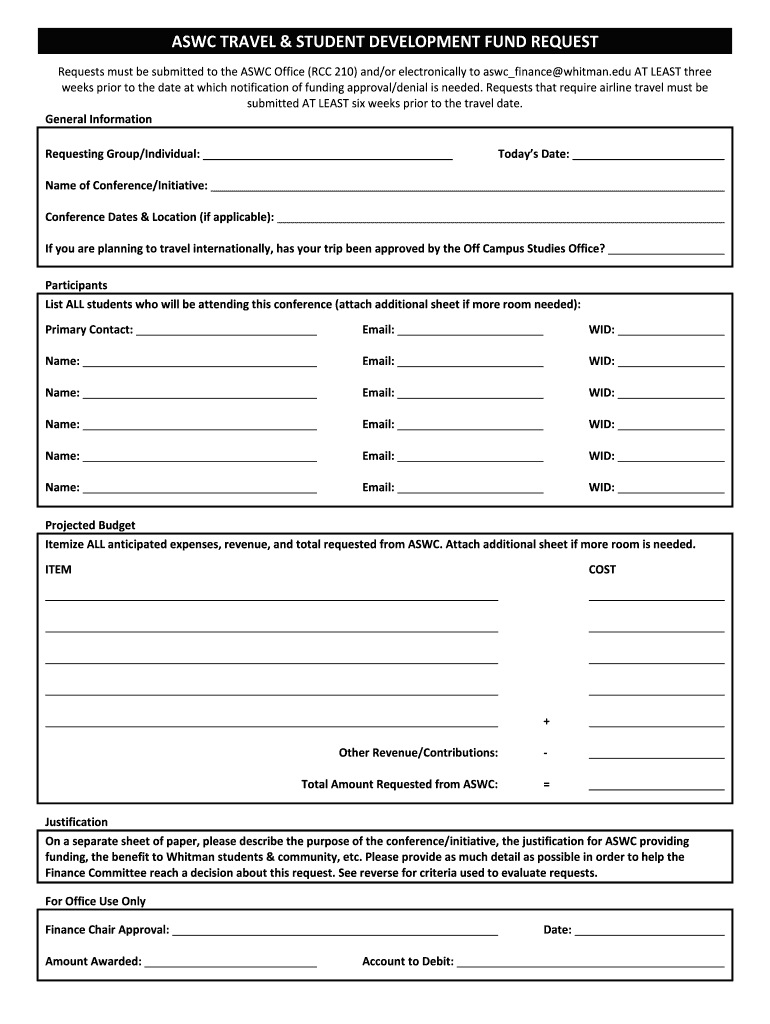 Fillable Online goaswc Travel and Student Development Fund Request ...
