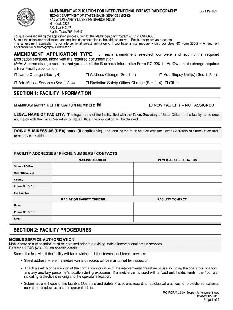 Fillable Online dshs state tx Amendment Application for Interventional Breast Radiography Fax ...